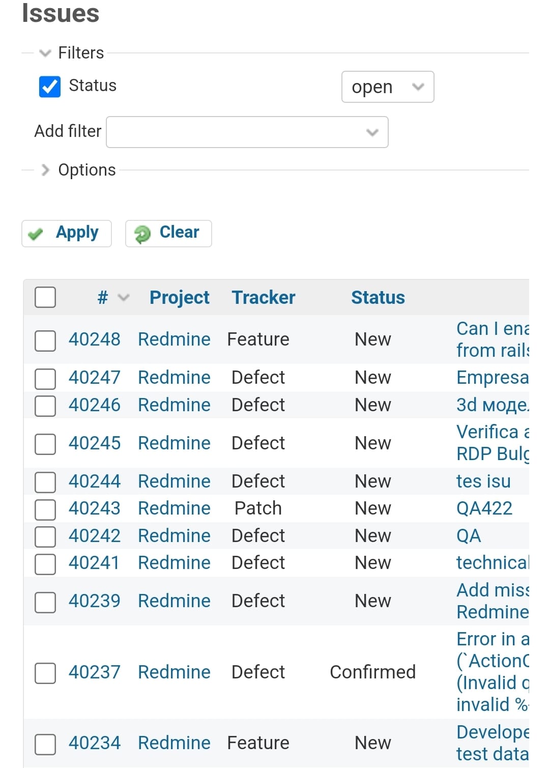 Defect #40249: Clear filter option is not working properly - Redmine